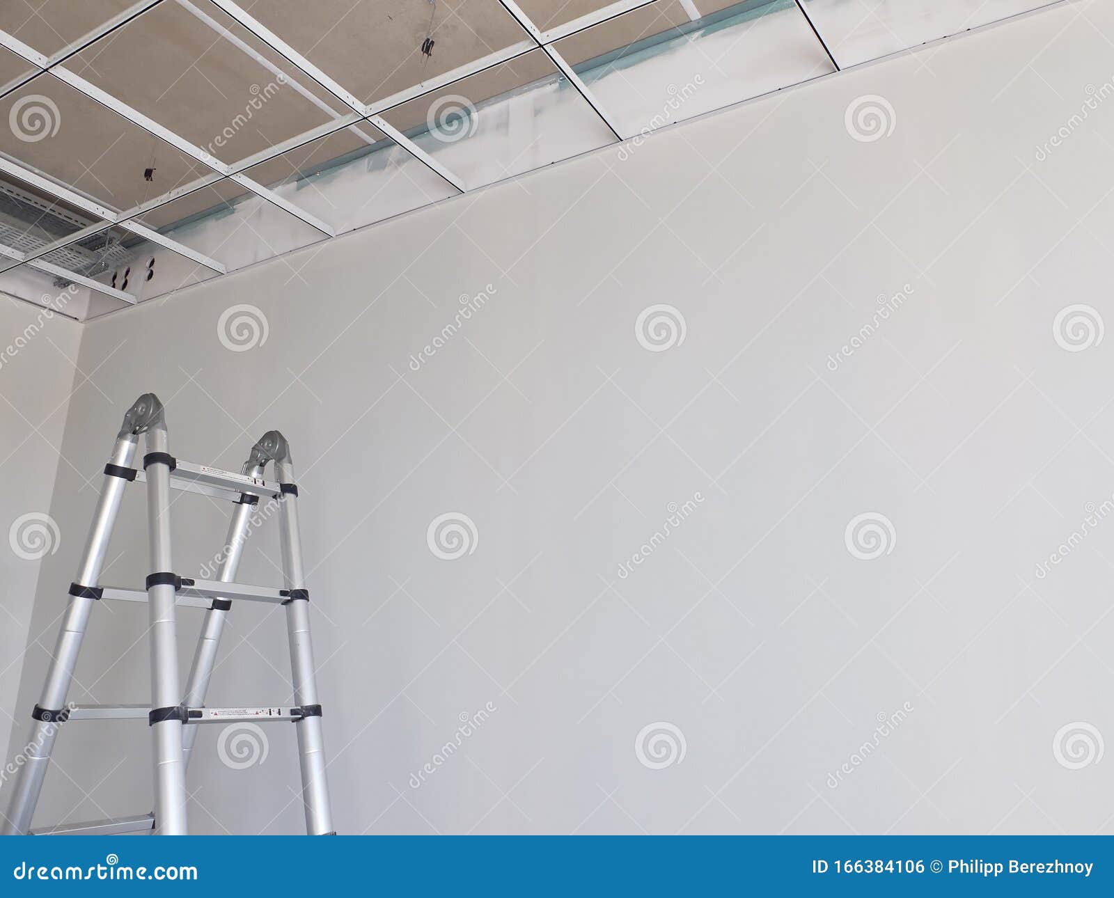 Metal Frame of Suspended Ceilings and Stepladder. Making of False ...