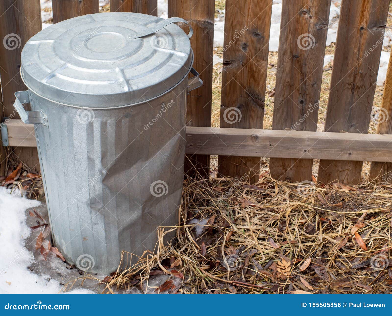 A Metal Garbage Can Sits by the Fence Ready for Spring Cleaning. Stock ...