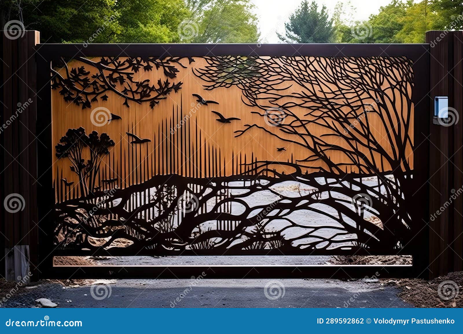 Metal Gate with Tree and Birds on it in Park. Generative AI Stock Photo ...