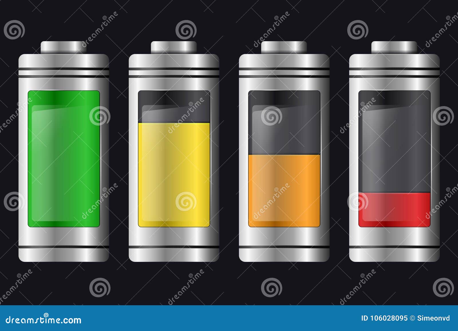Metal with Glass Batteries. Set of Various Types of Charge Stock Vector ...