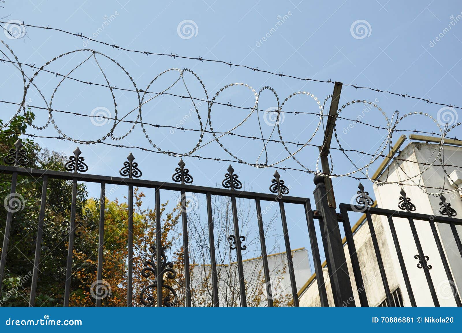 Metal Grid Fence with Barbed Wire Stock Image - Image of iron, privacy ...