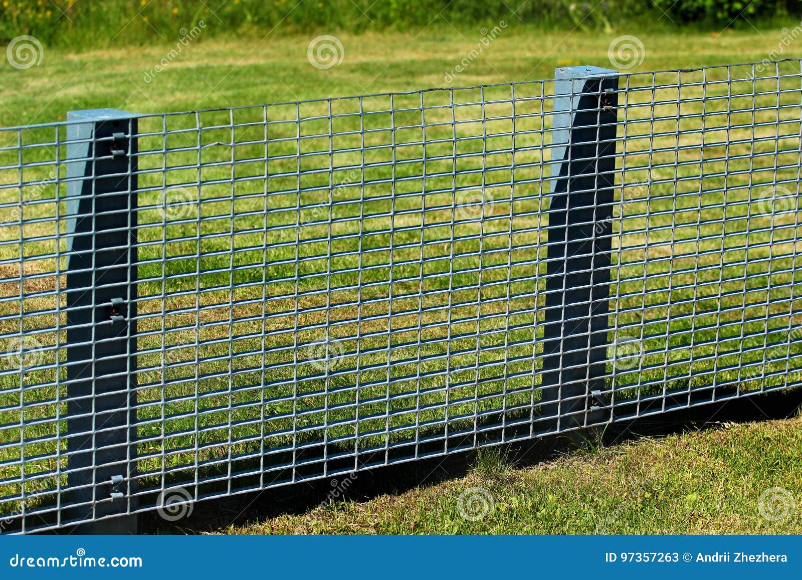 Metal Grid Fence on a Green Lawn Stock Image - Image of pattern ...