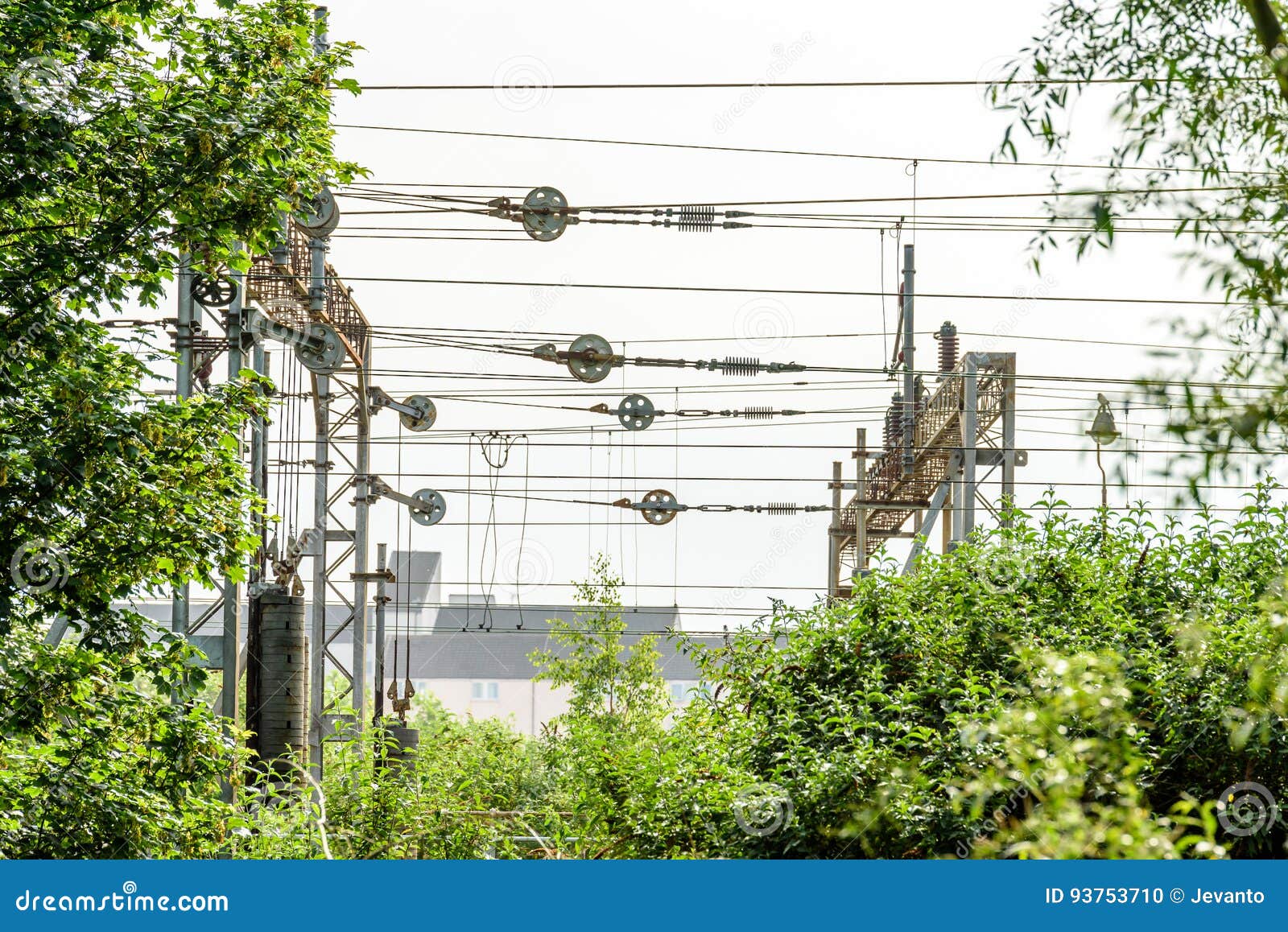 Metal High Voltage Electric Supply Cables Over Railway Stock Photo ...