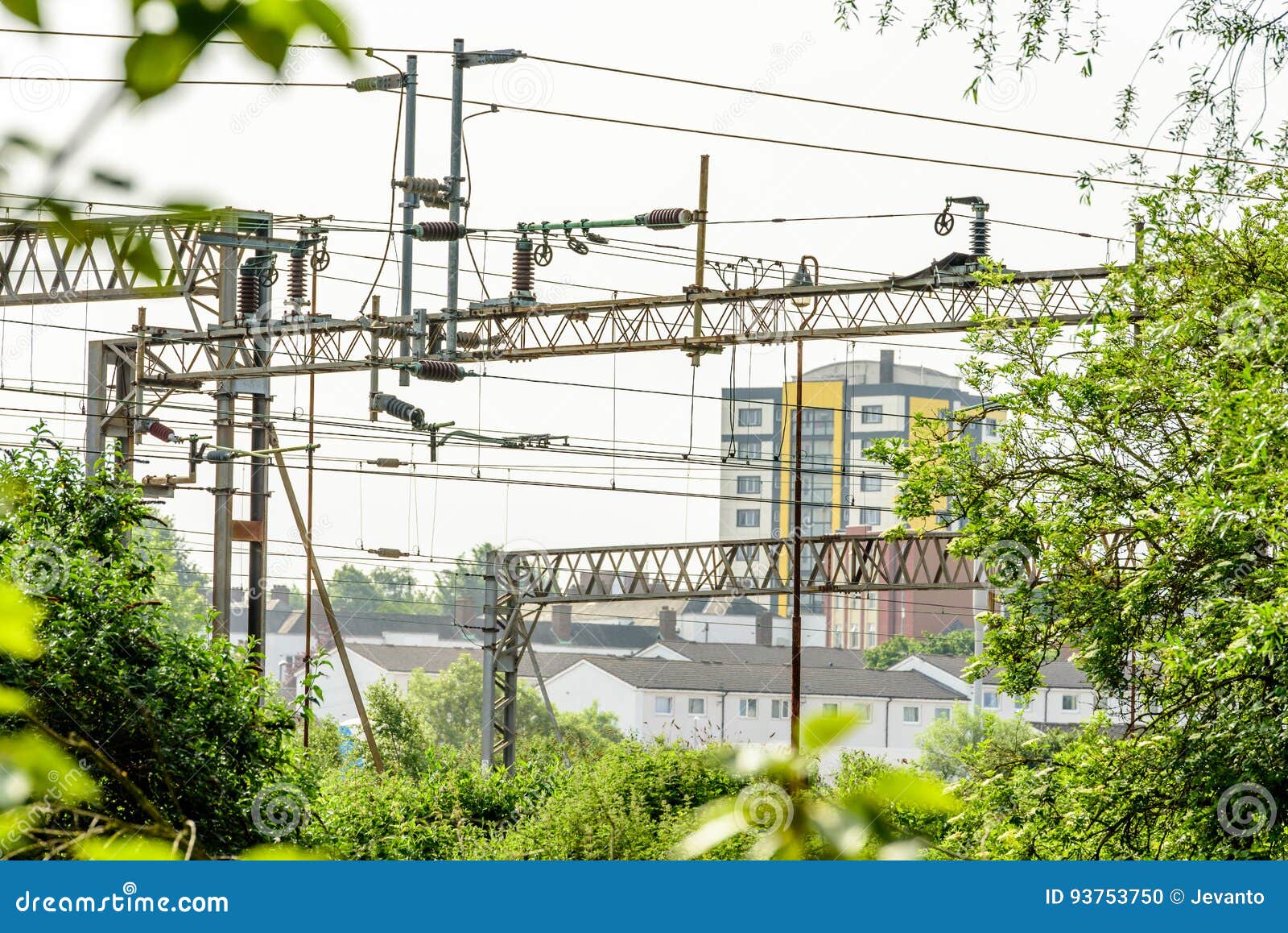 Metal High Voltage Electric Supply Cables Over Railway Stock Photo ...