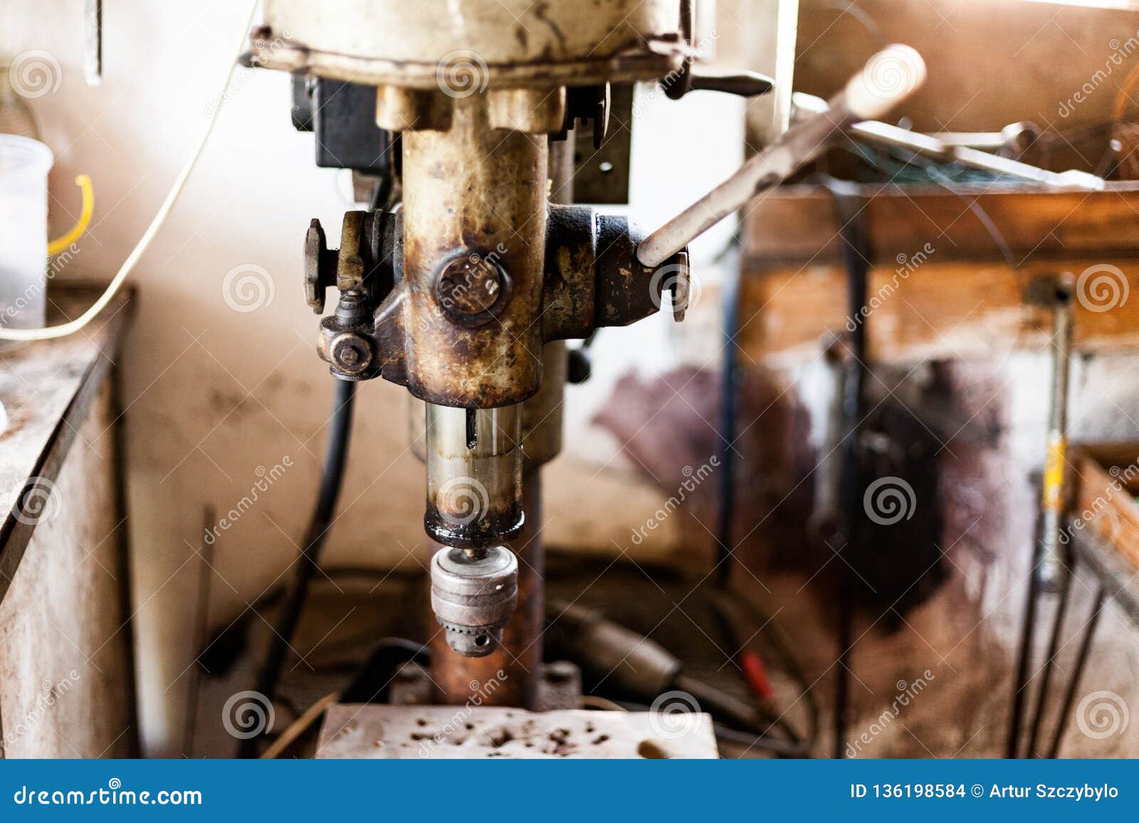 Metal Industry Stand with Drill Machine. Home Workshop with Hard Tools ...