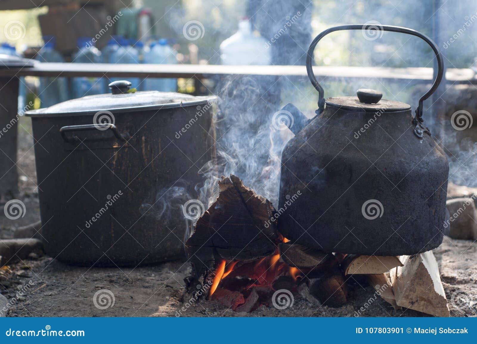 Metal Kettle Boiling on the Fire Stock Image - Image of knob, handle ...