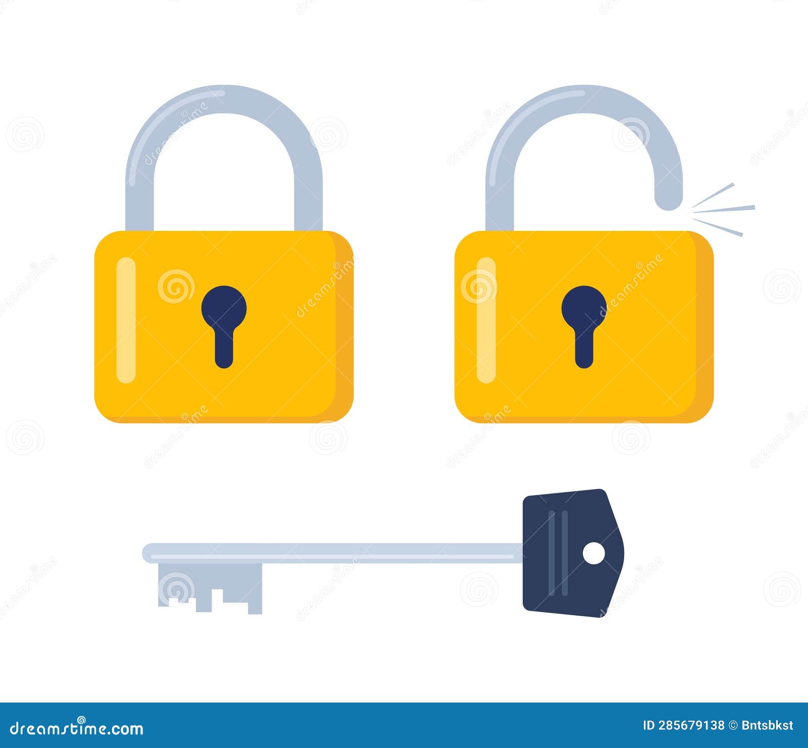 Metal Key and a Yellow Lock. Opened and Locked Padlock and Key Stock ...