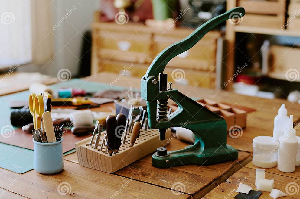 Metal Leather Punch Machine on Old Table Stock Photo - Image of antique ...