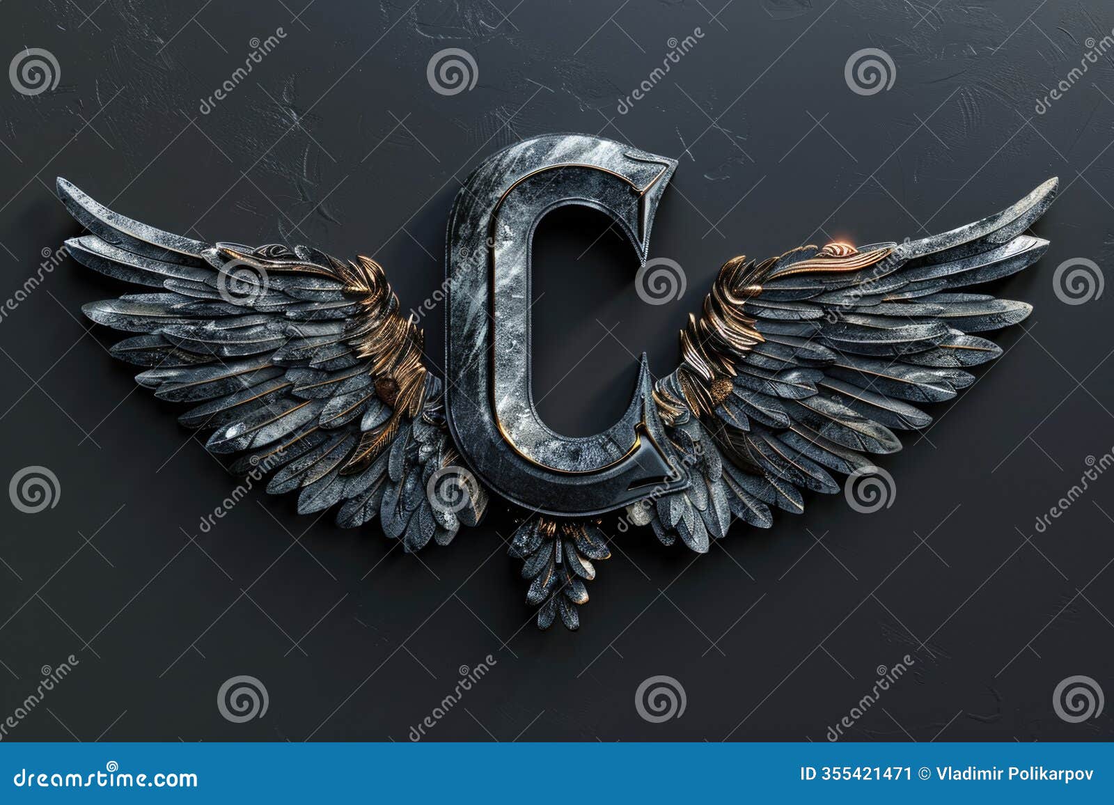 A Metal Letter with Wings on a Black Surface Stock Image - Image of ...