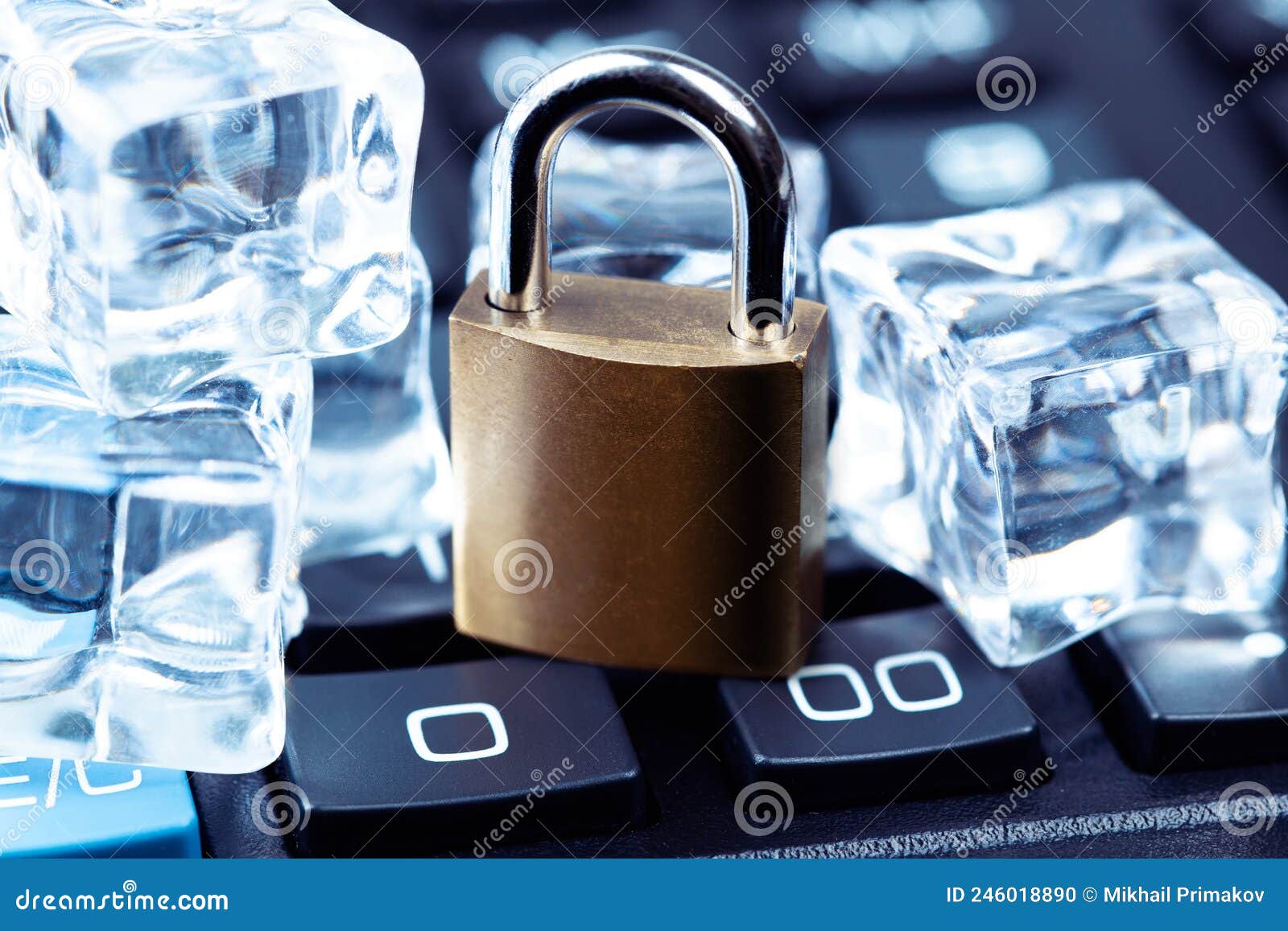 Metal Lock with Ice Cube and Calculator Stock Photo - Image of closeup ...
