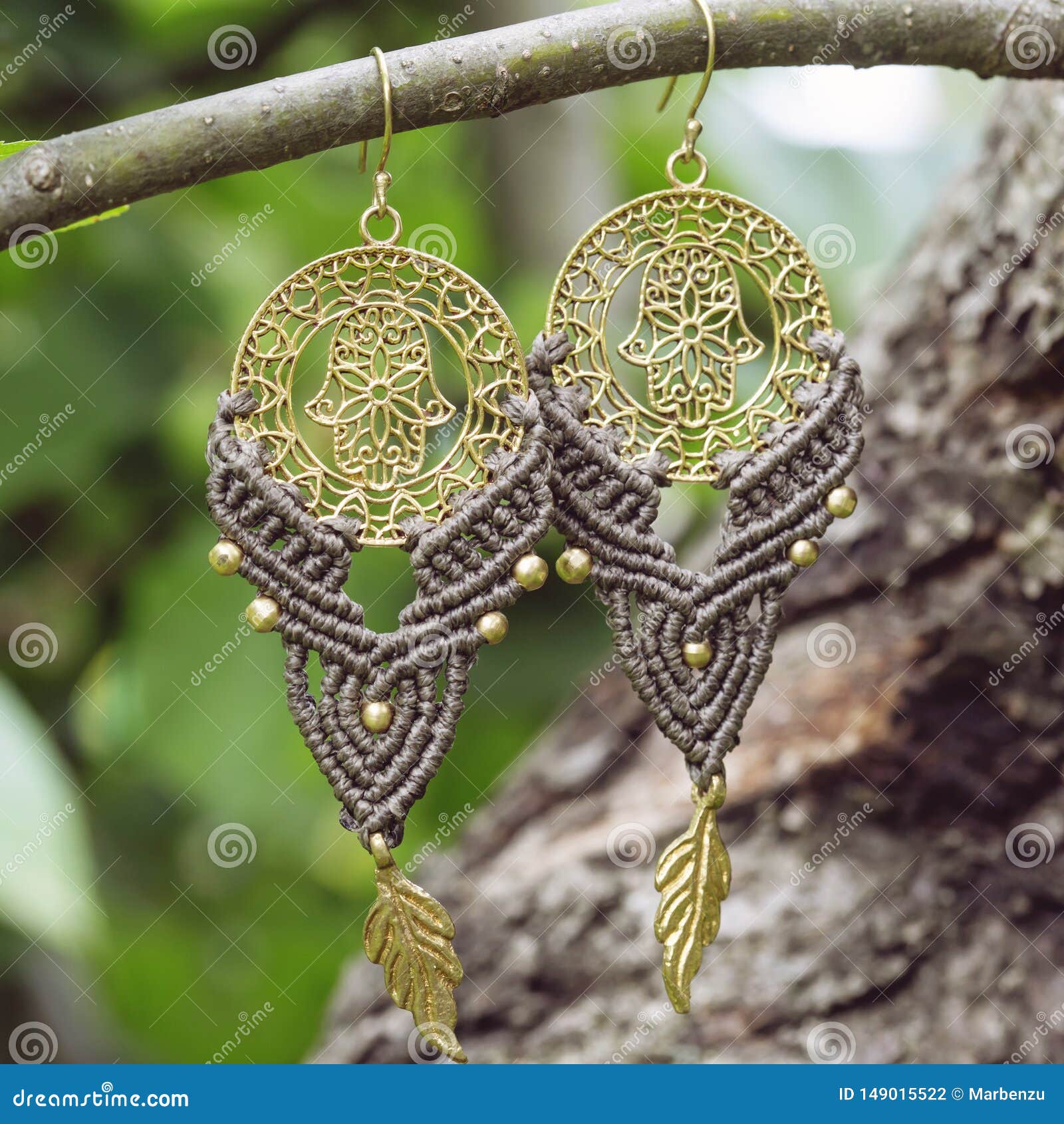 Macrame Earrings Hanging on the Tree Branch Stock Photo - Image of ...