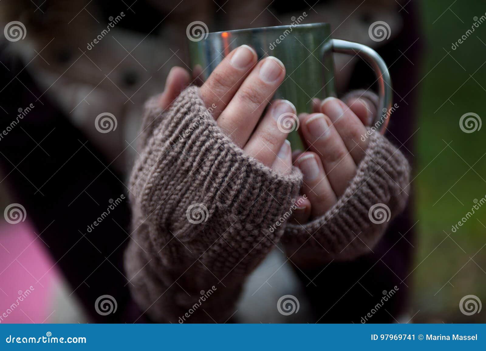 Metal Mug with Hot Tea in a Hands in a Warm Cozy Mittens Stock Image ...