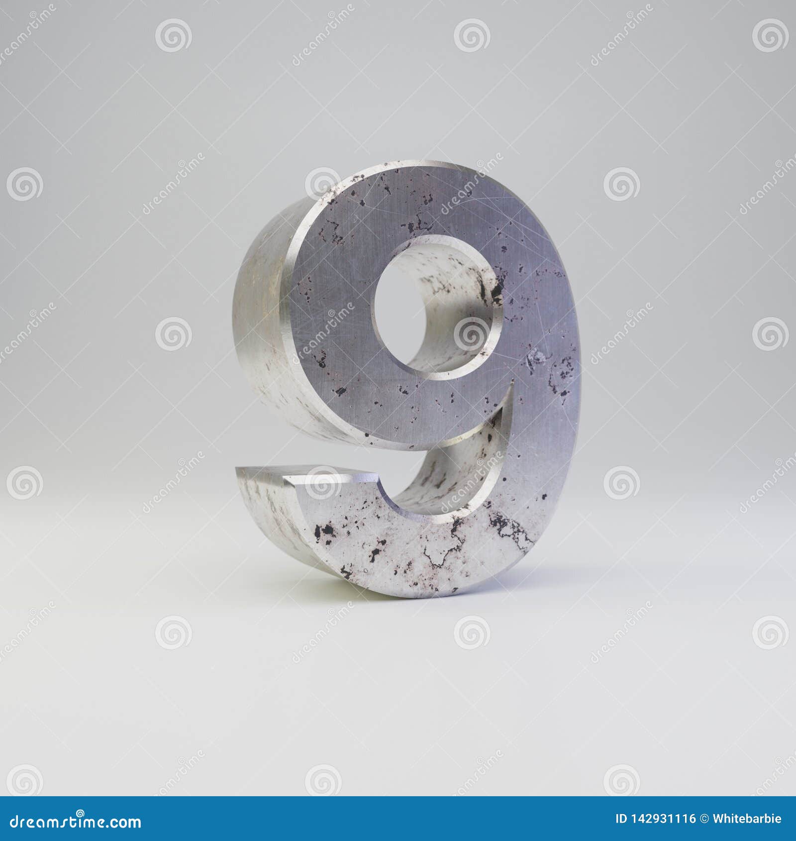 Metal Number 9. 3D Render Scratched Rusty Metal Font Isolated on White ...