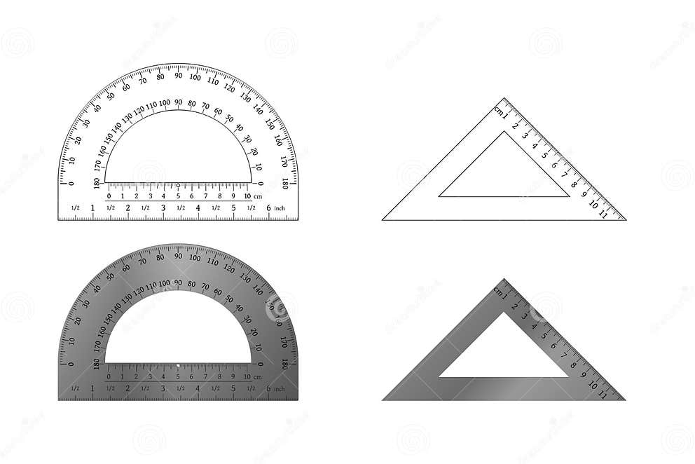 Metal and Outline Protractor and Angular Ruler Set. Stock Vector ...