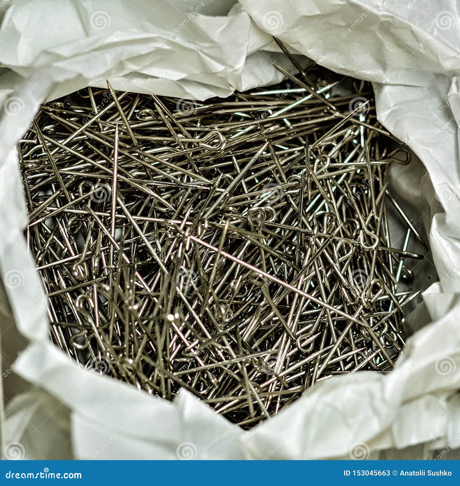 Metal Pins in a Paper Box, Close-up Stock Image - Image of crowd ...