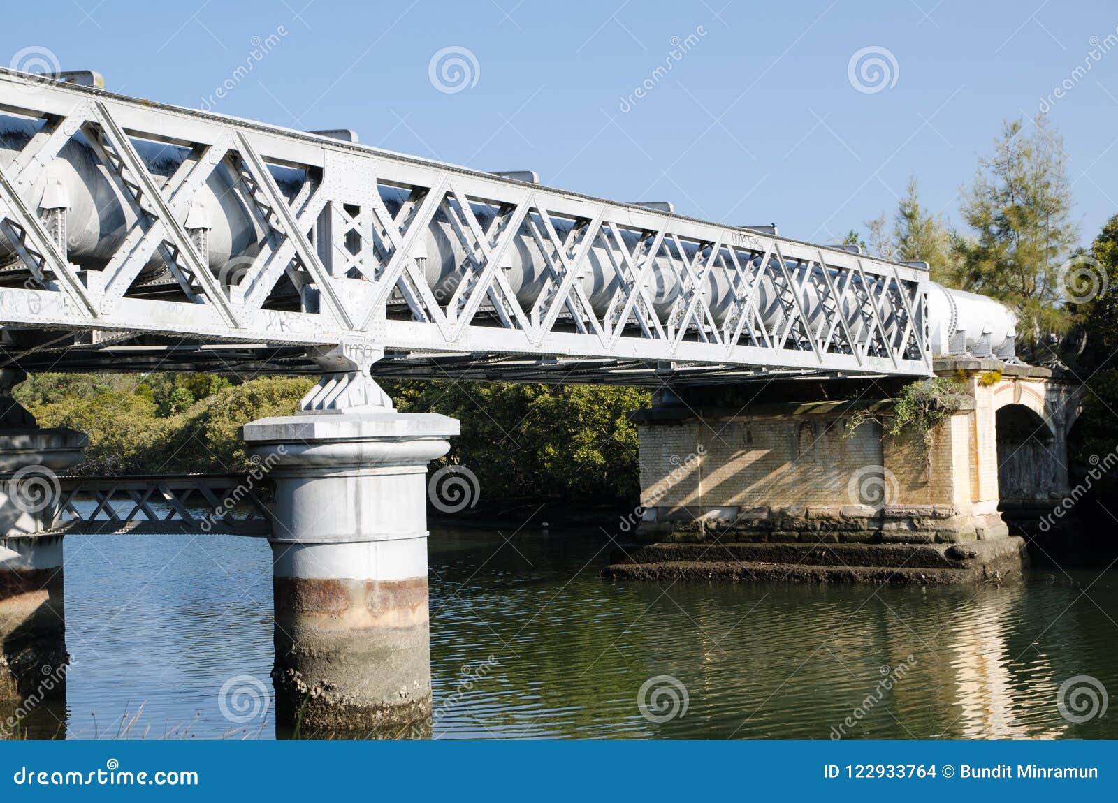 Metal Pipeline Bridge Across Over the Small River. Stock Photo - Image ...