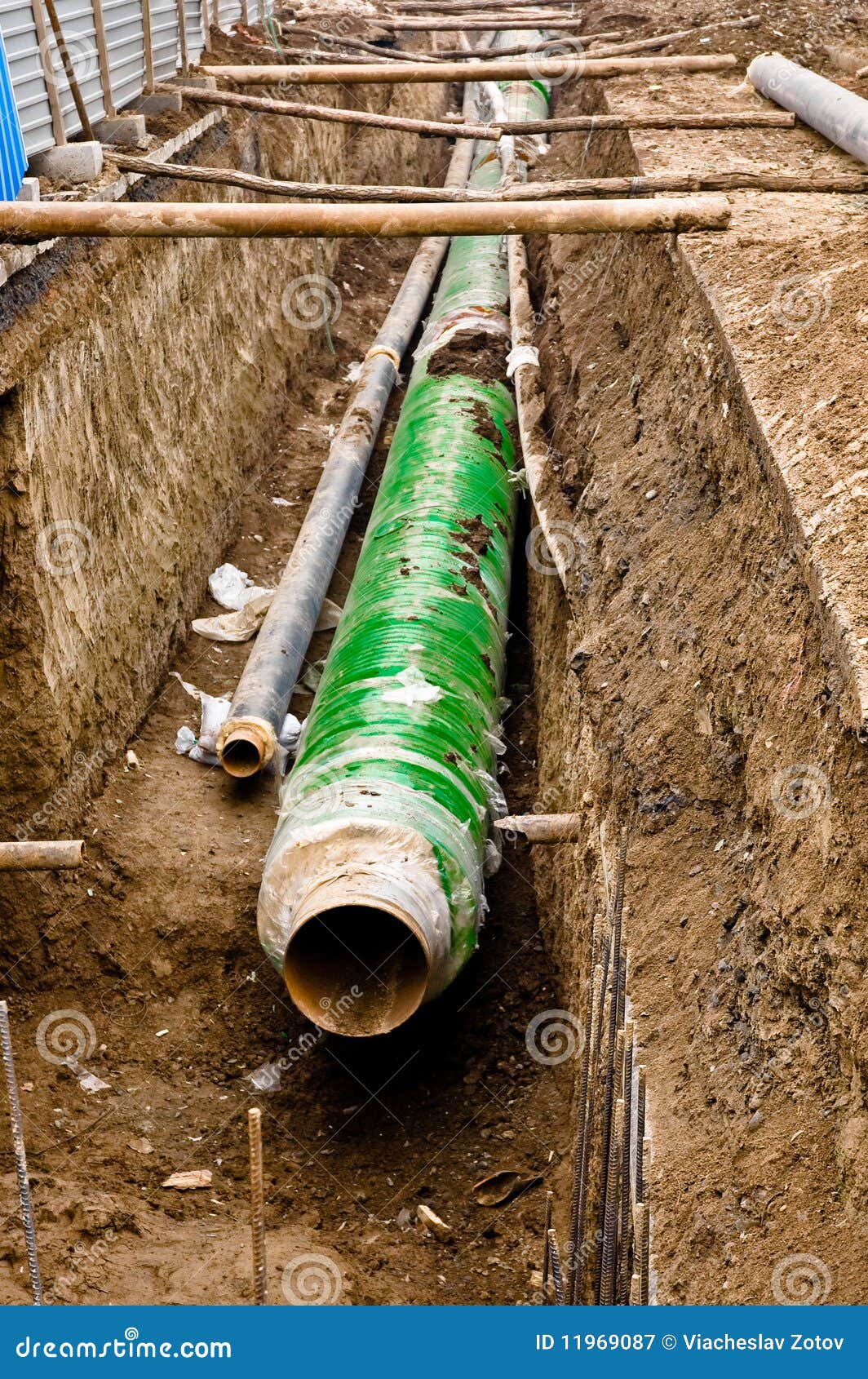 Metal Pipes Lieing in the Trench. Stock Image - Image of green, earth ...