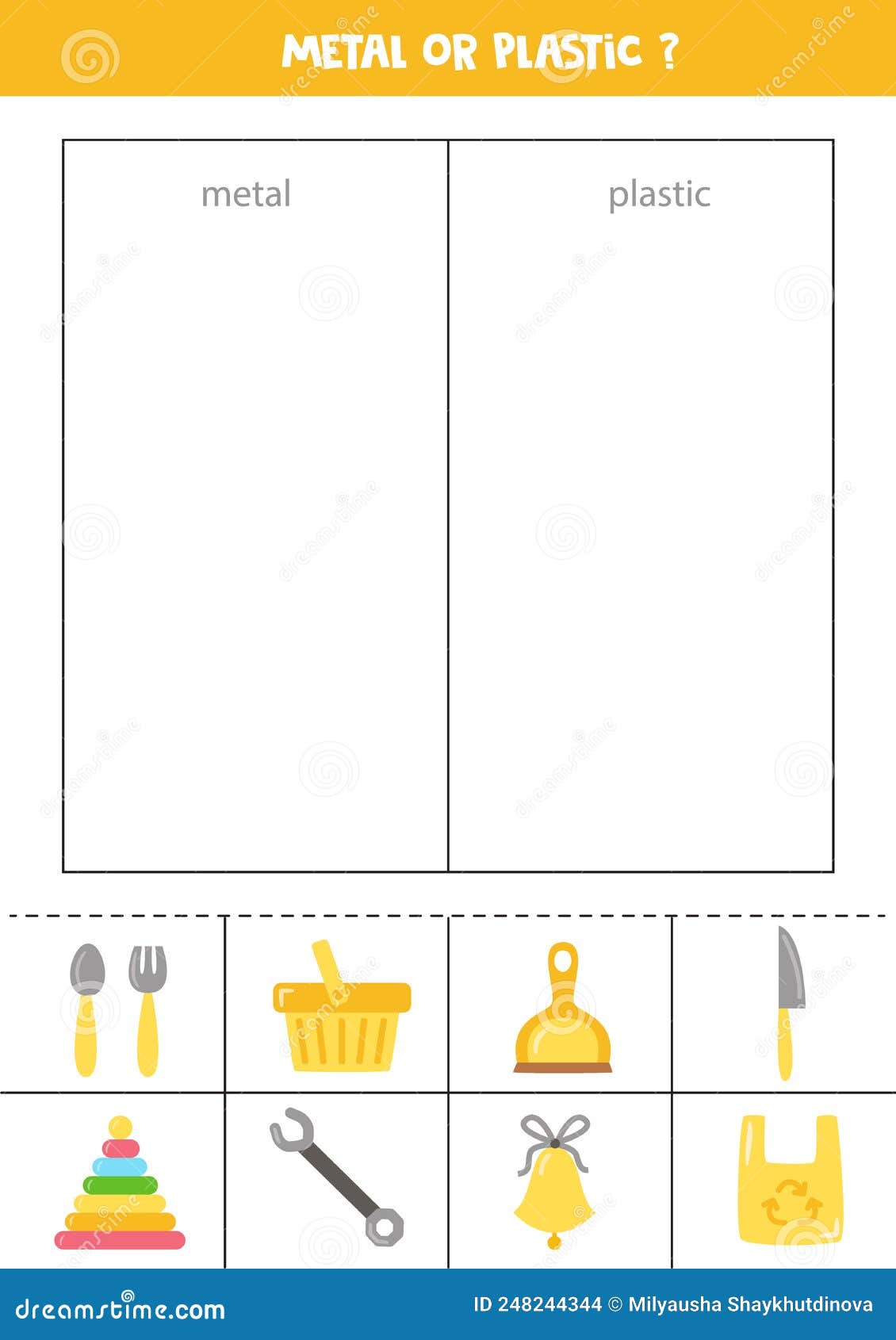 Sort Objects into Metal or Plastic. Worksheet for Kids. Stock Vector ...