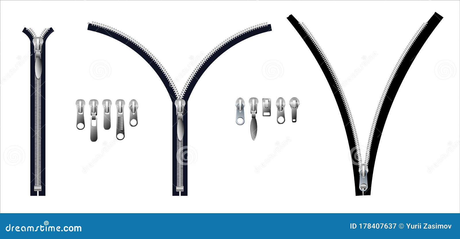 Metal and Plastic Zipper Set Isolated on White Background. Close and ...