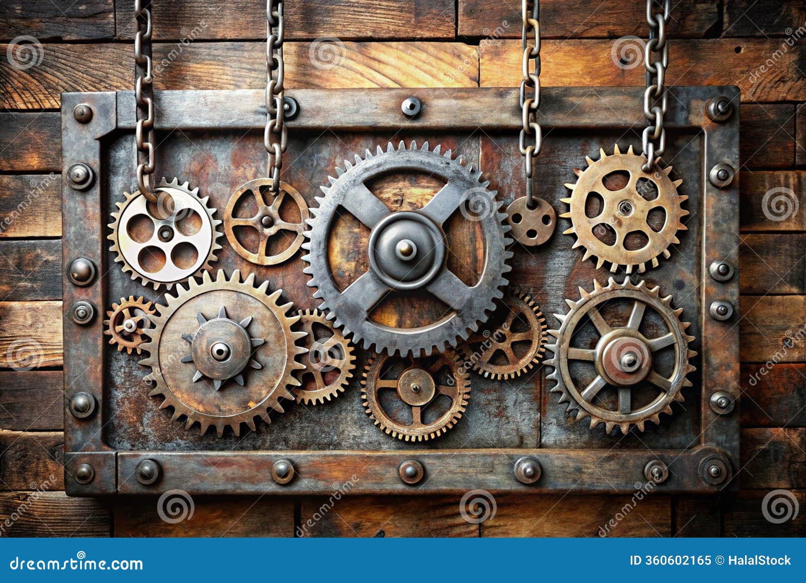 Metal Plate Hanging on Chains Over Medieval Gears and Cogs Stock ...