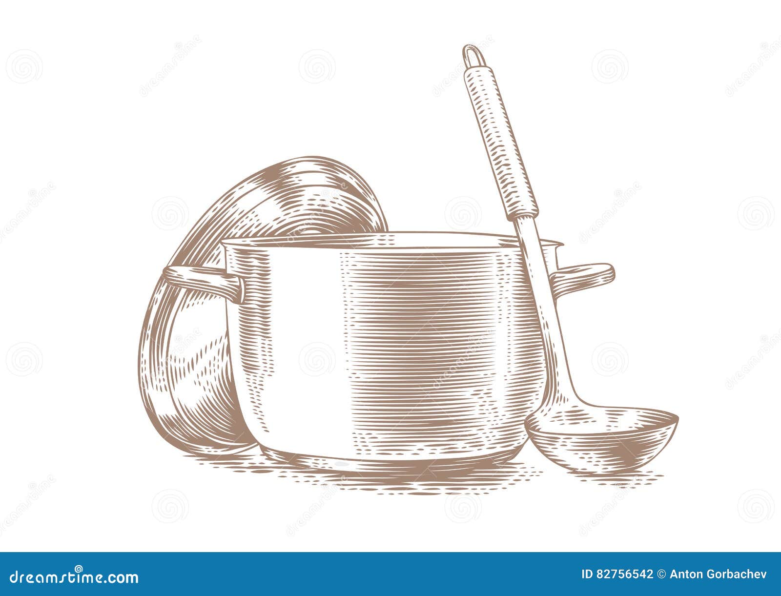Metal Pot with Lid and Ladle Stock Vector - Illustration of gravure ...