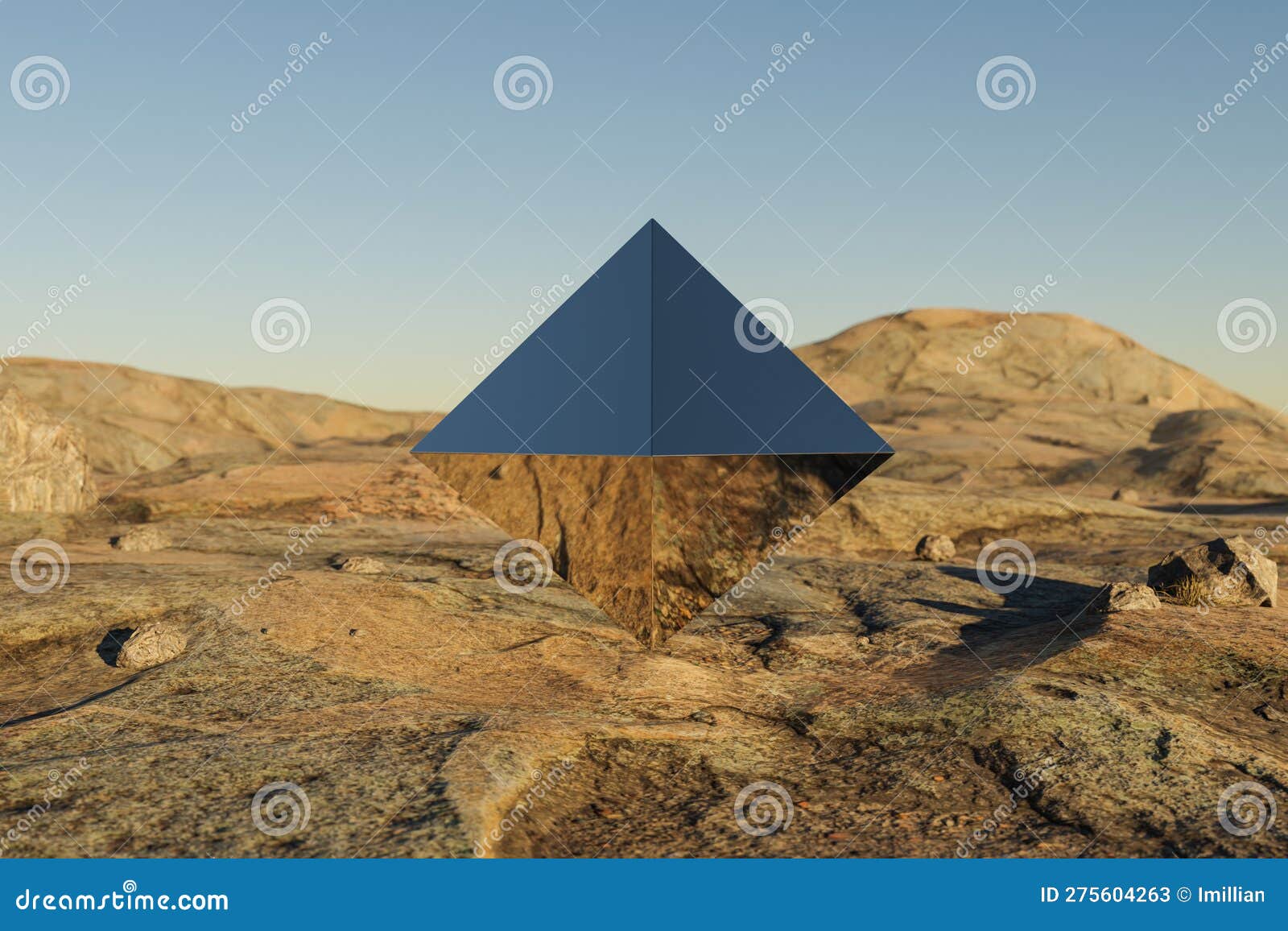 Single Metal Prism Pyramid Cube Hovering in the Air in Large Empty ...
