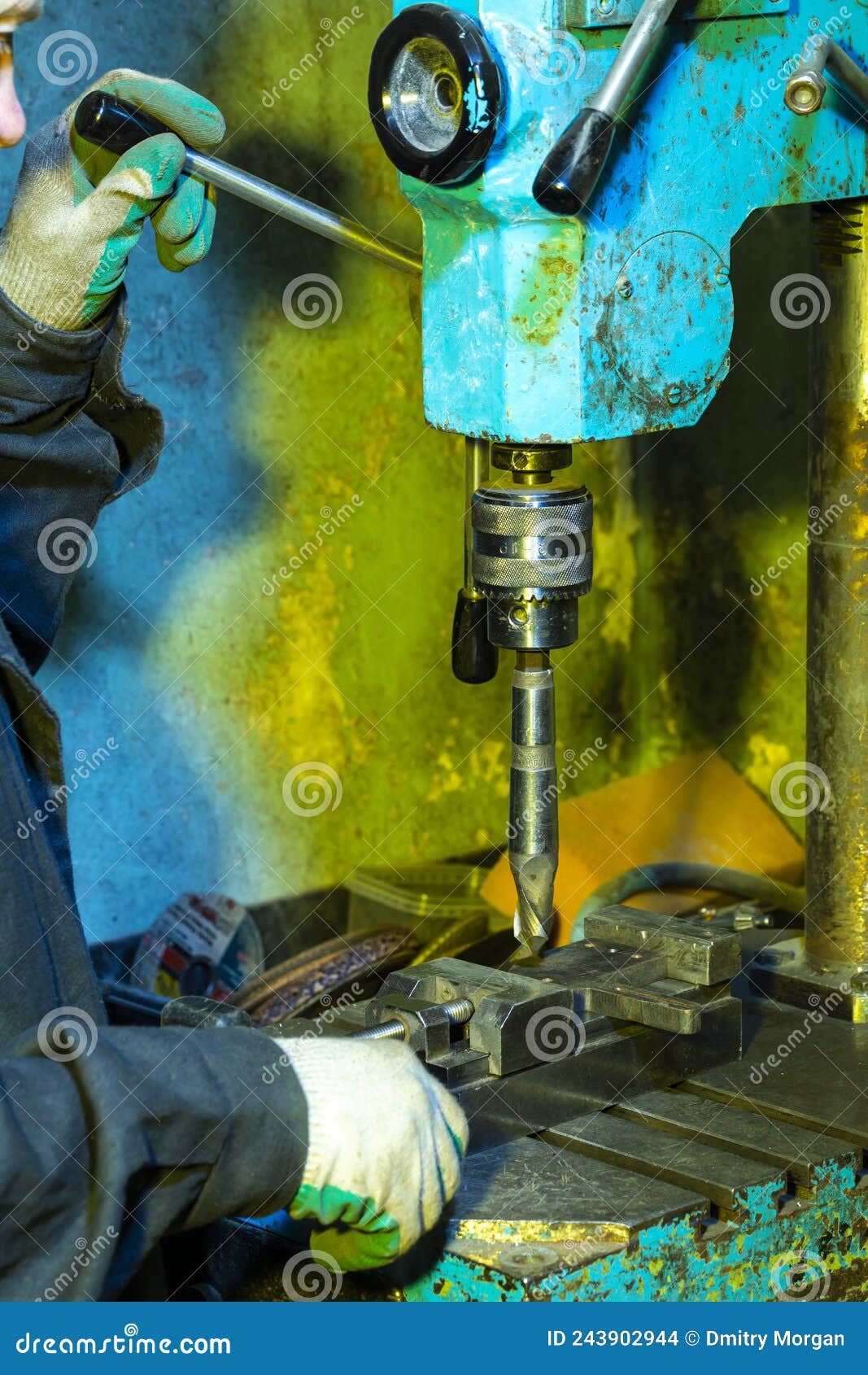 Metal Processing Concepts. Professional Fitter Man Using Metal Drilling ...