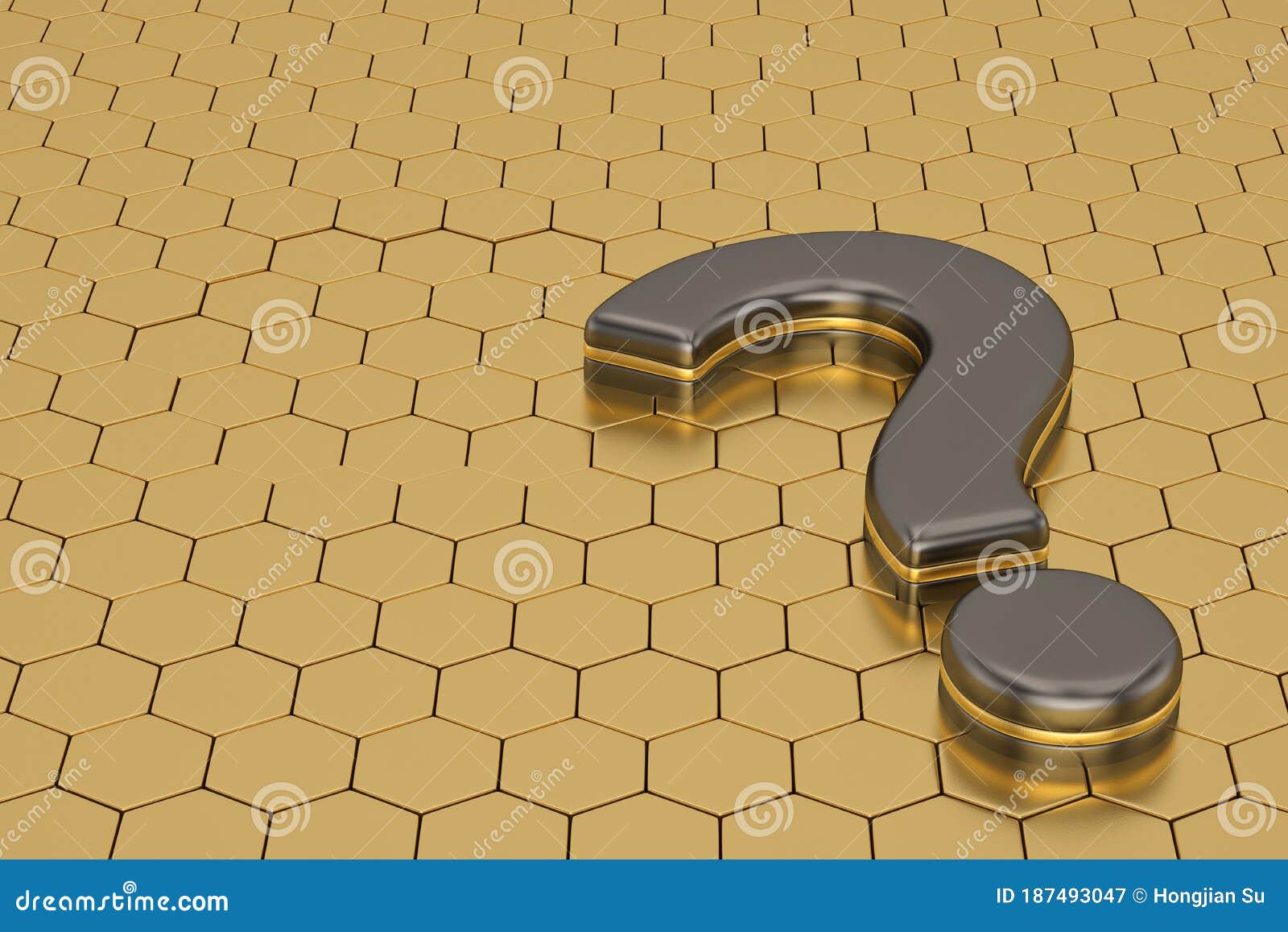 Metal Question Mark on Golden Hexagon Grid. 3D Illustration Stock ...