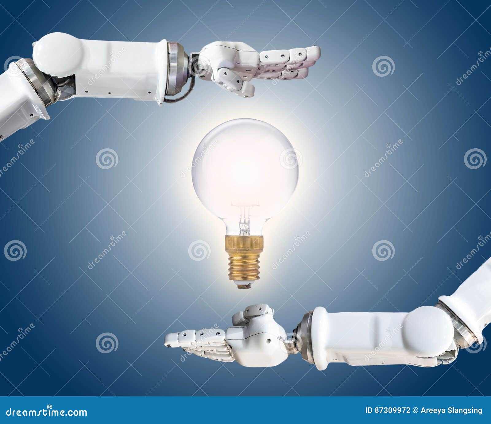 The Metal Robot Hand with Light Bulb Stock Photo - Image of innovation ...