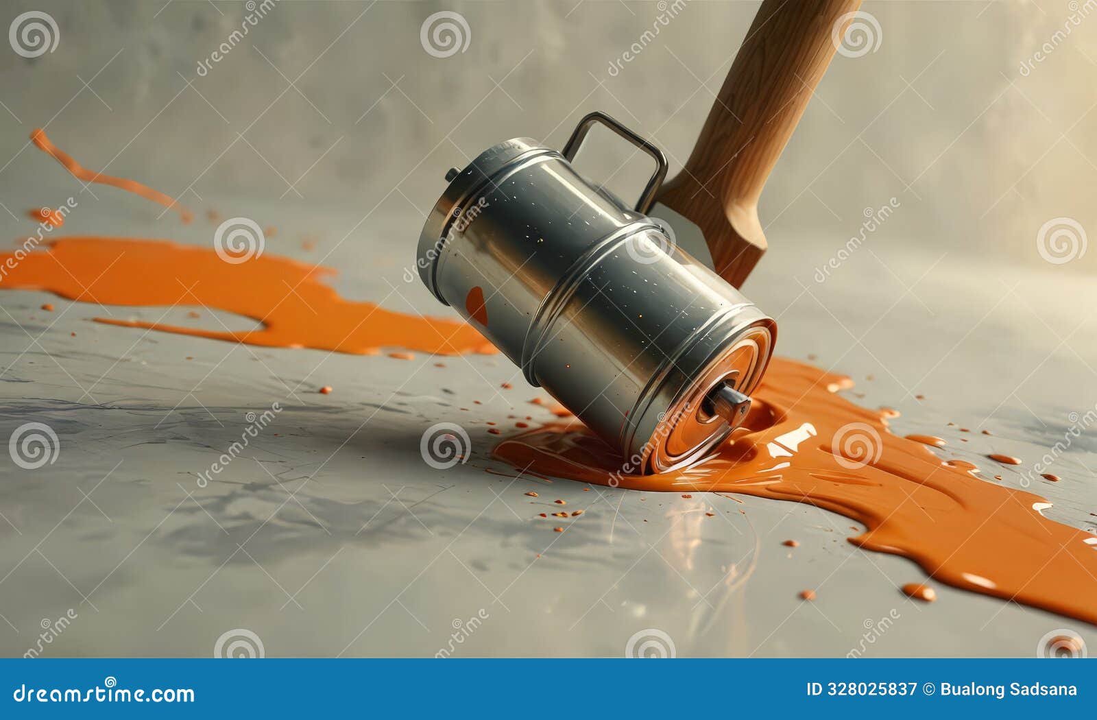 Metal Roller with Wooden Handle is in the Process Spreading Orange ...