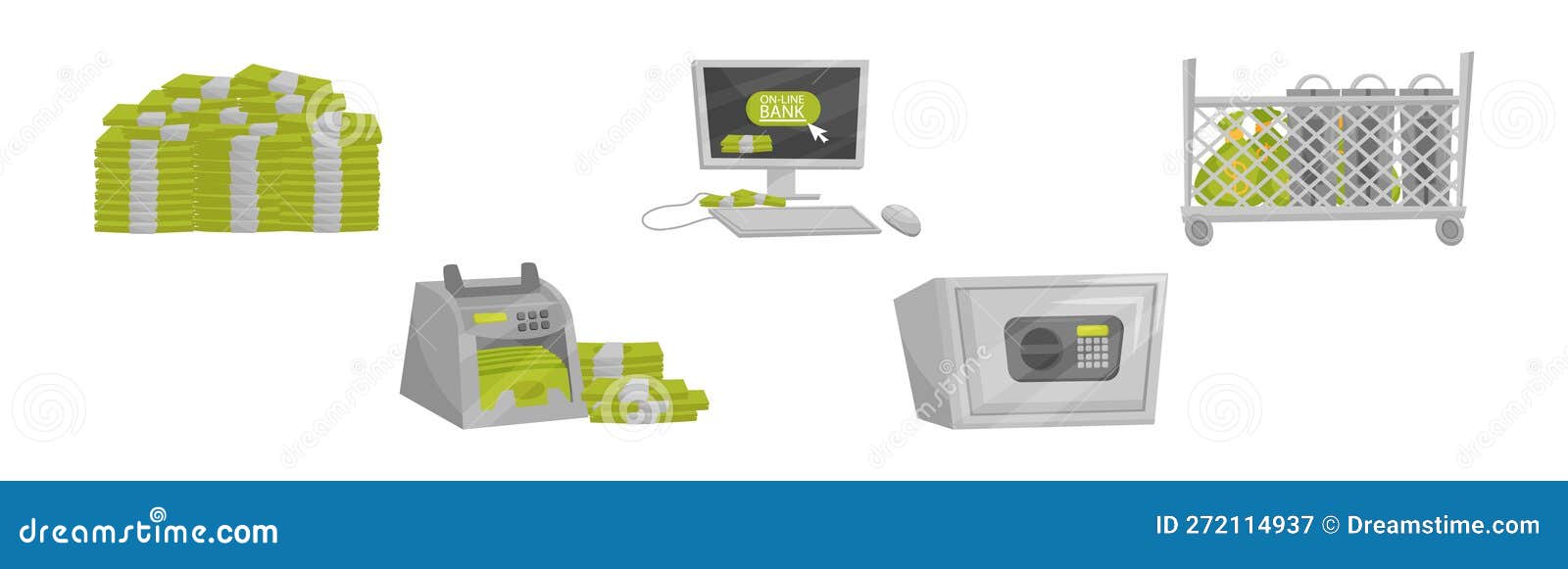 Metal Safe, Banknotes Stack, Counting Machine and Computer Vector Set ...