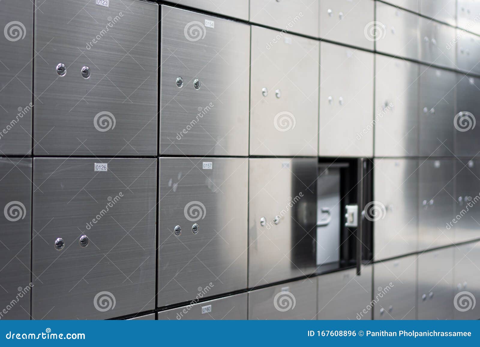 Metal Safe Box Panel Wall with Open One. Stock Photo - Image of keeping ...