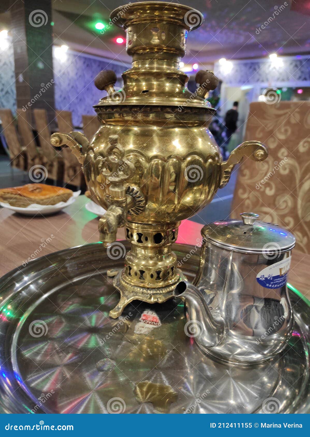 A Metal Samovar Stands on a Tray with a Teapot Stock Image - Image of ...
