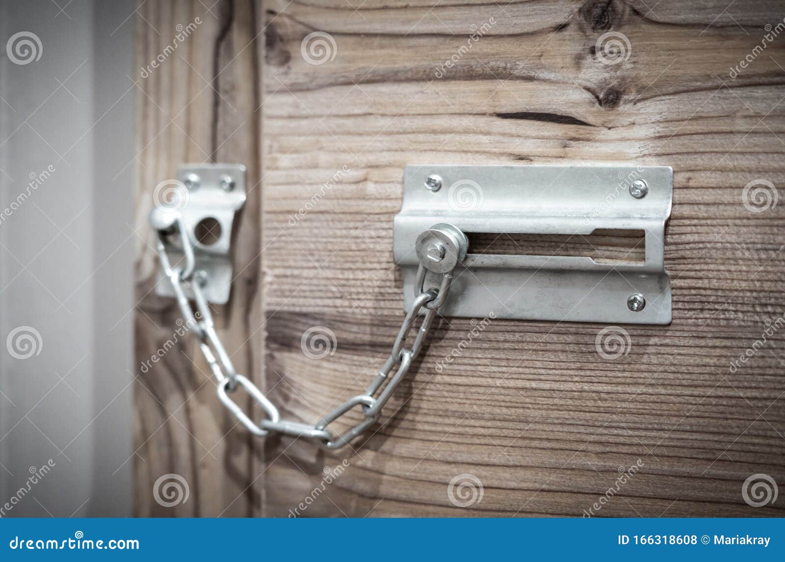 Metal Security Door Chain on Wooden Door Stock Photo - Image of ...