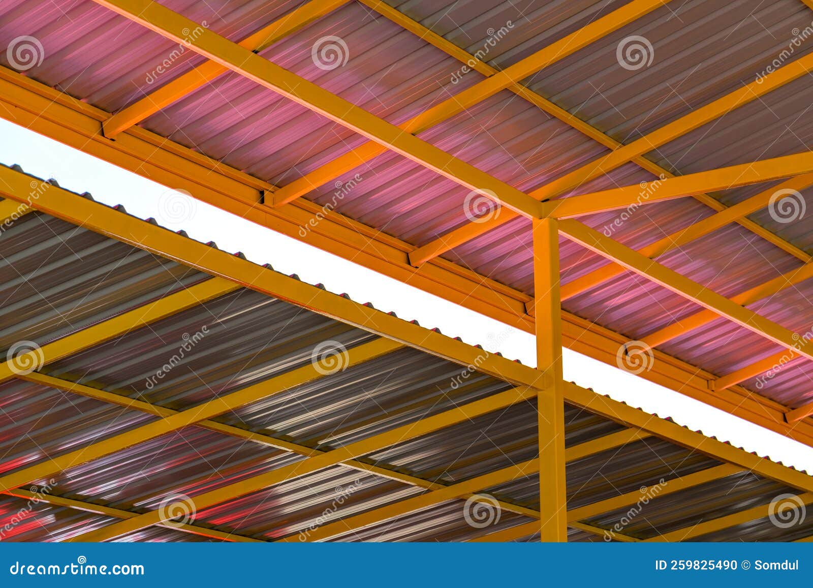 Metal Sheet Rooftop with Yellow Painted Iron Construction, View from ...
