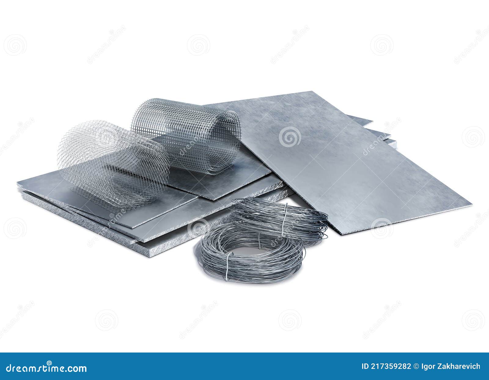 Metal Sheets, Rolls of Wire and Rolled Up Nets on a White Background ...