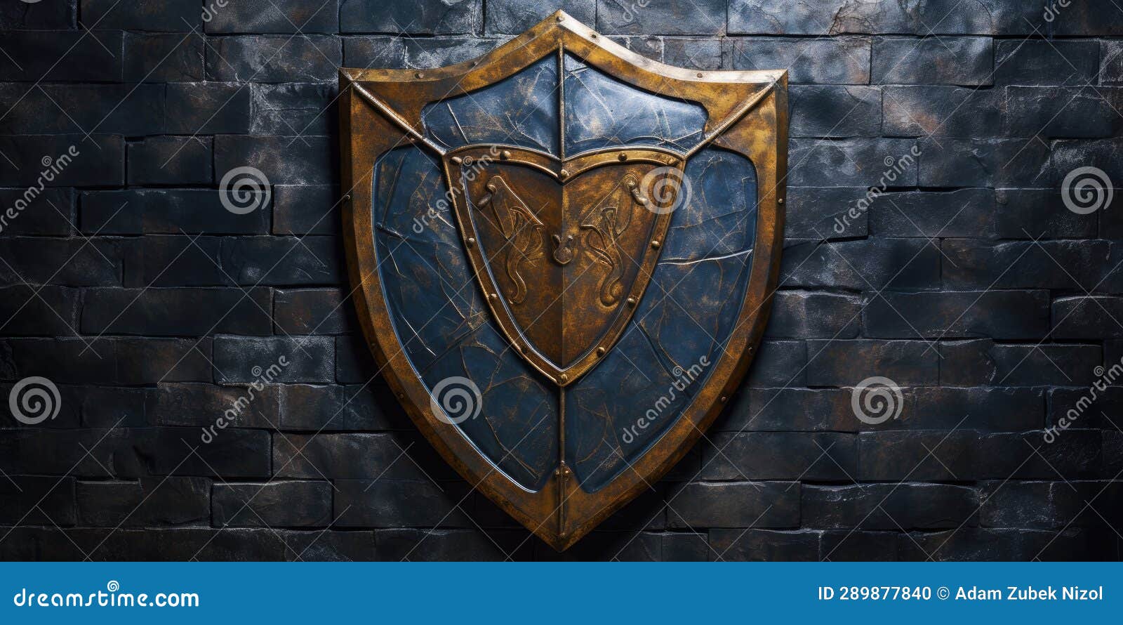 A Metal Shield on a Brick Wall Stock Illustration - Illustration of ...