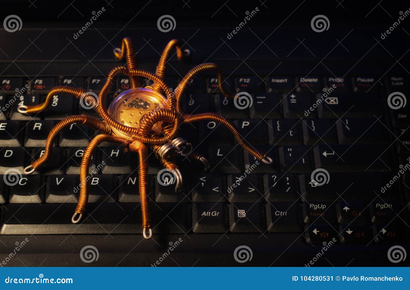 Metal Spider on the Computer Keyboard, Virus, Theme of Information ...