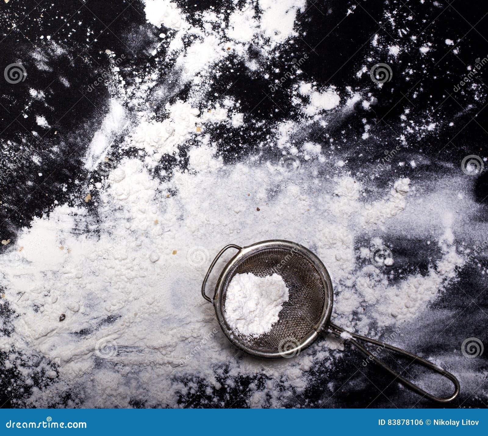 Metal Strainer with Spilling Flour Stock Photo - Image of copy, food ...