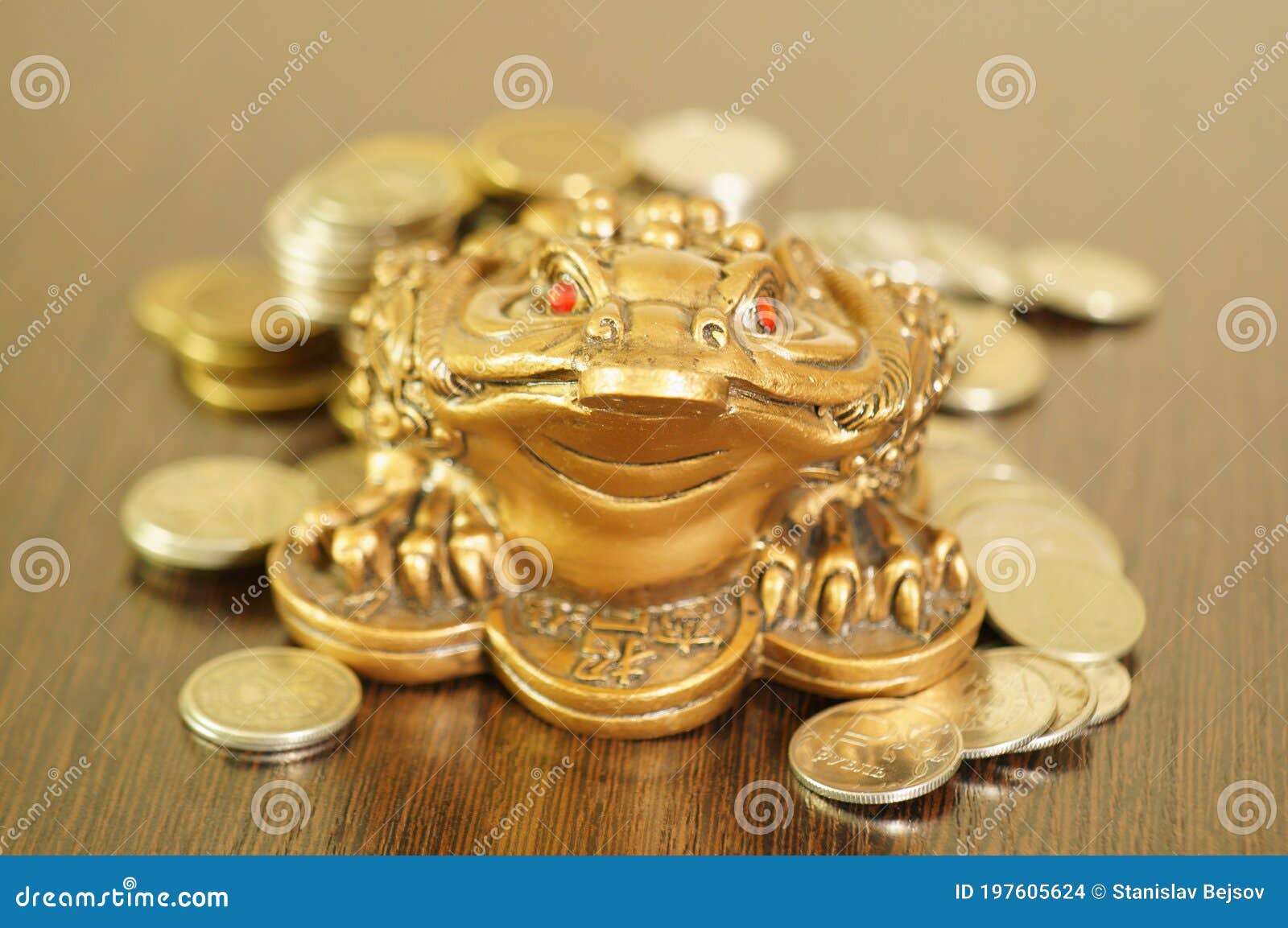A Metal Toad Next To a Stack of Coins. Stock Photo - Image of feng ...