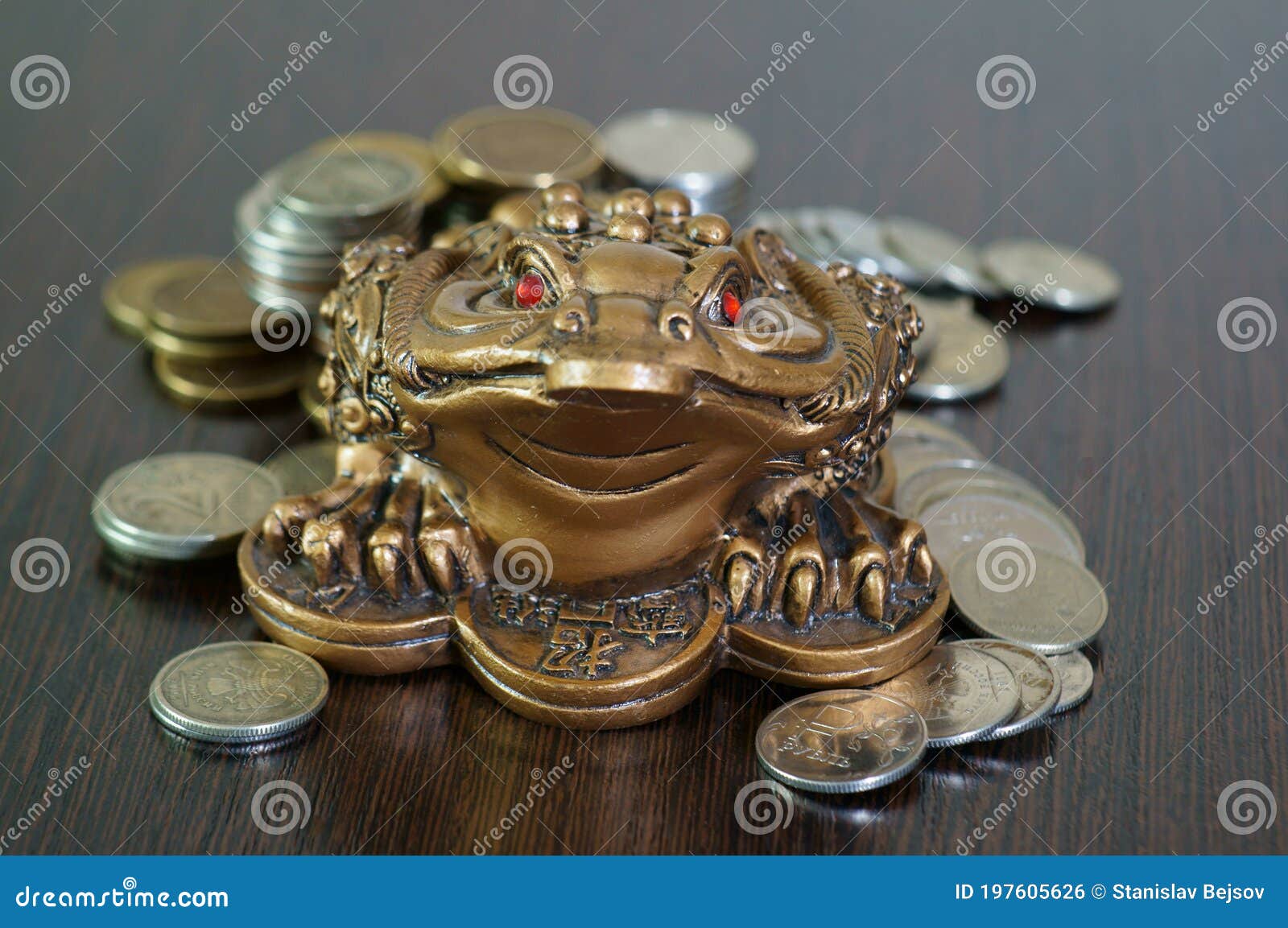 A Metal Toad Next To a Stack of Coins. Stock Photo - Image of shui ...