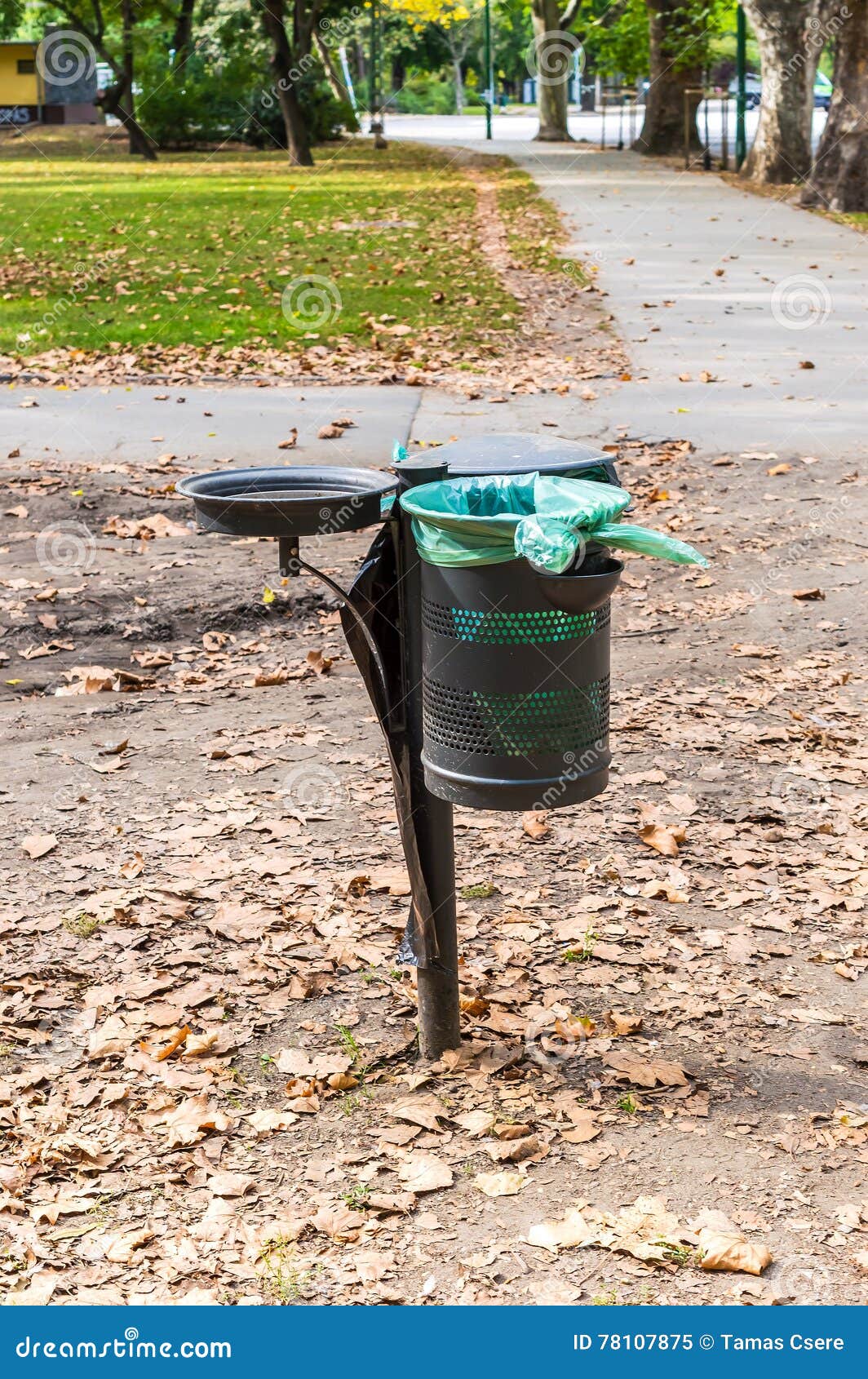 Metal Trash Can in the Park in Autumn Stock Image - Image of litter ...