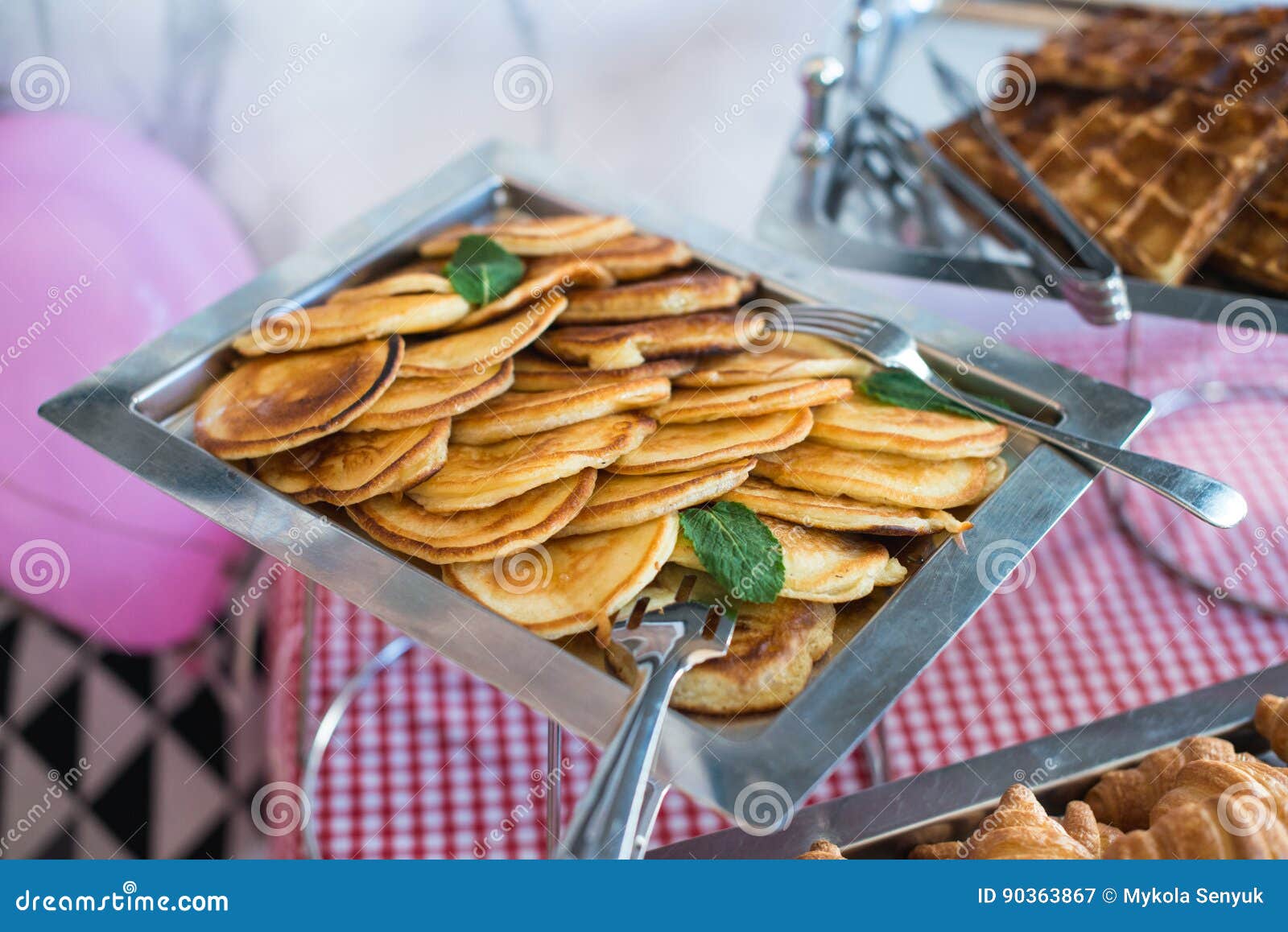 Metal Tray Full of Pancakes, Brunch in a Restaurant Stock Image - Image ...