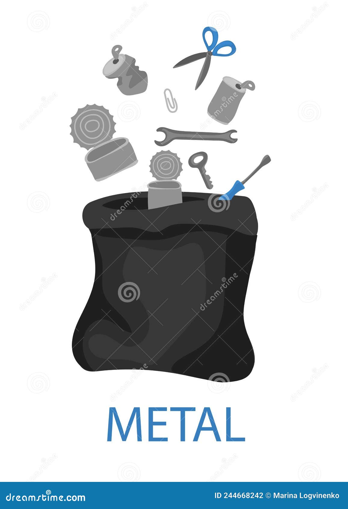 Metal Waste and Garbage. Hand-drawn Big Black Plastic Bag with Metal ...