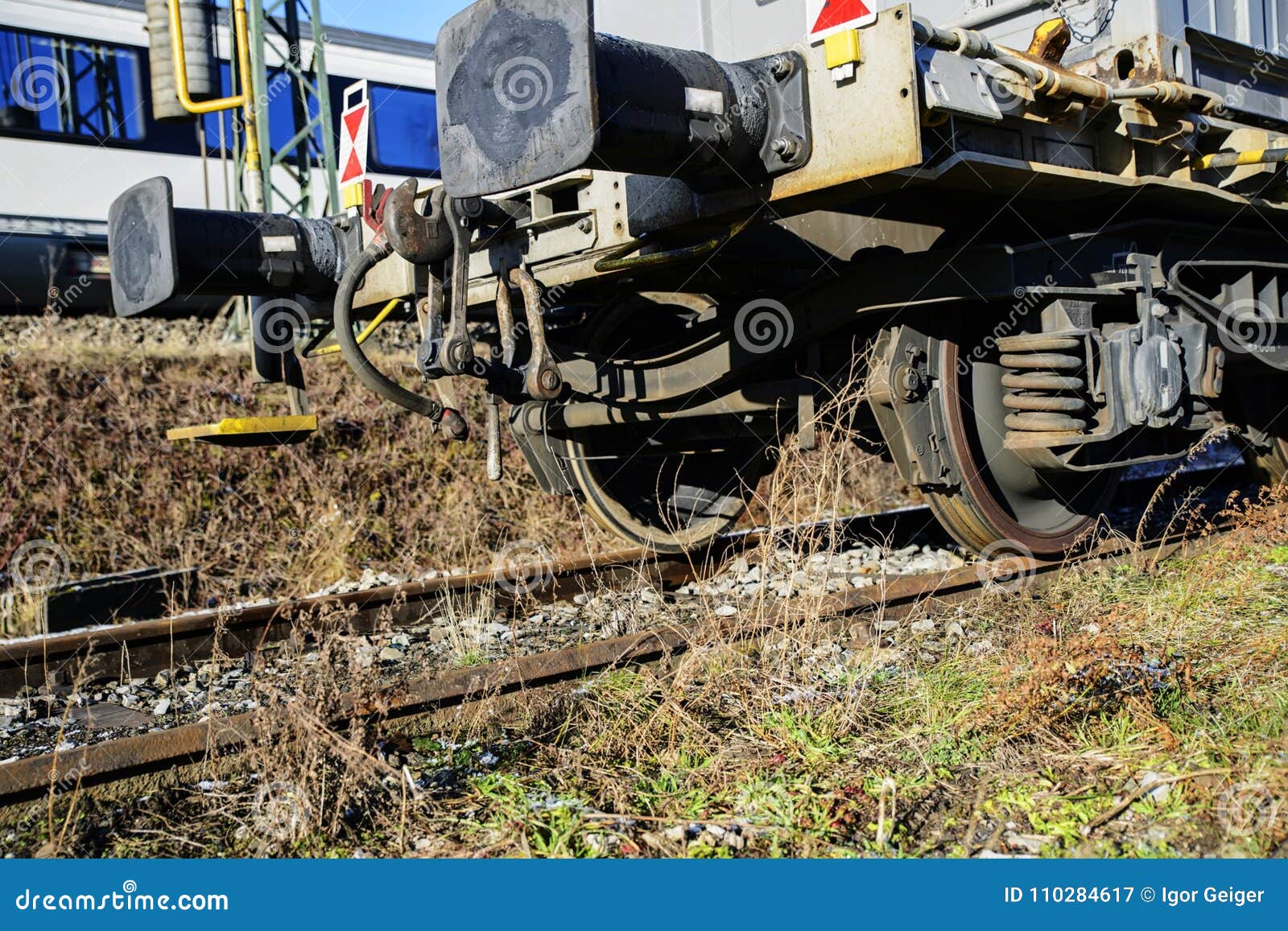 Metal Wheels of a Railway Car Standing on Rails. Stock Image - Image of ...