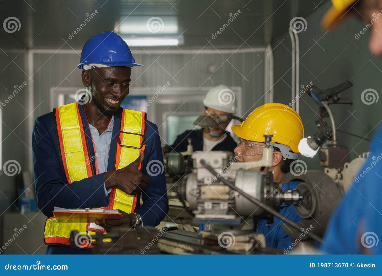Metal Work Factory Technician Inspector and Worker in Lathe Workshop ...