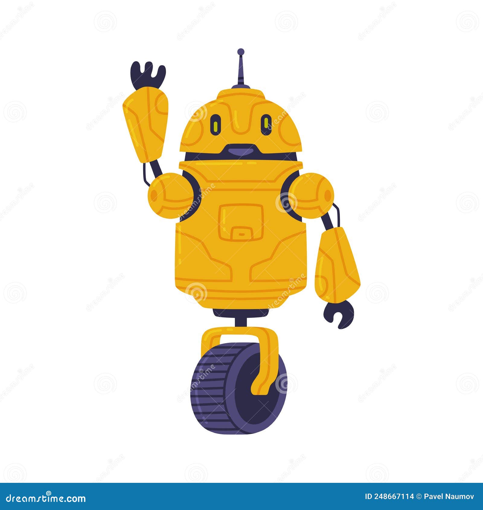 Metal Yellow Robot Machine with Wheel Waving Limb Greeting Vector ...