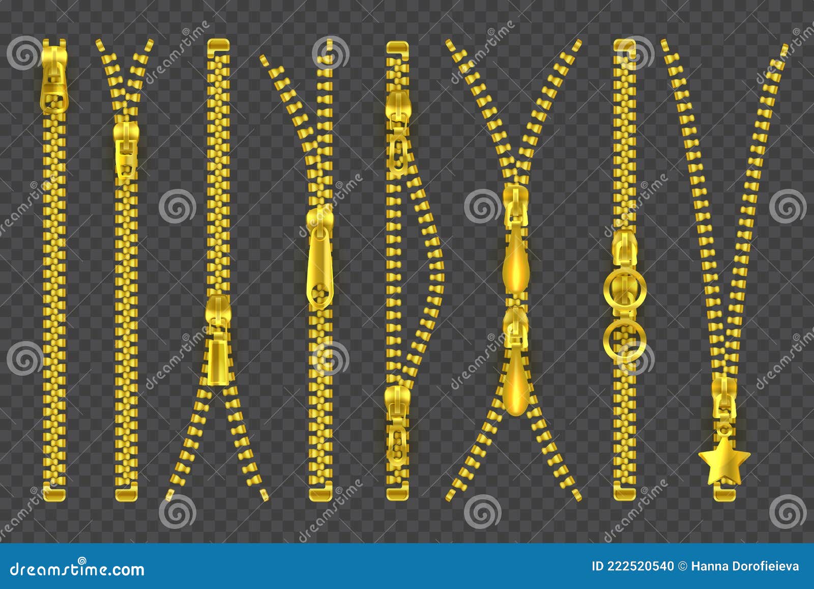 Metalic Golden Zippers or Zip Fastener Set Stock Vector - Illustration ...