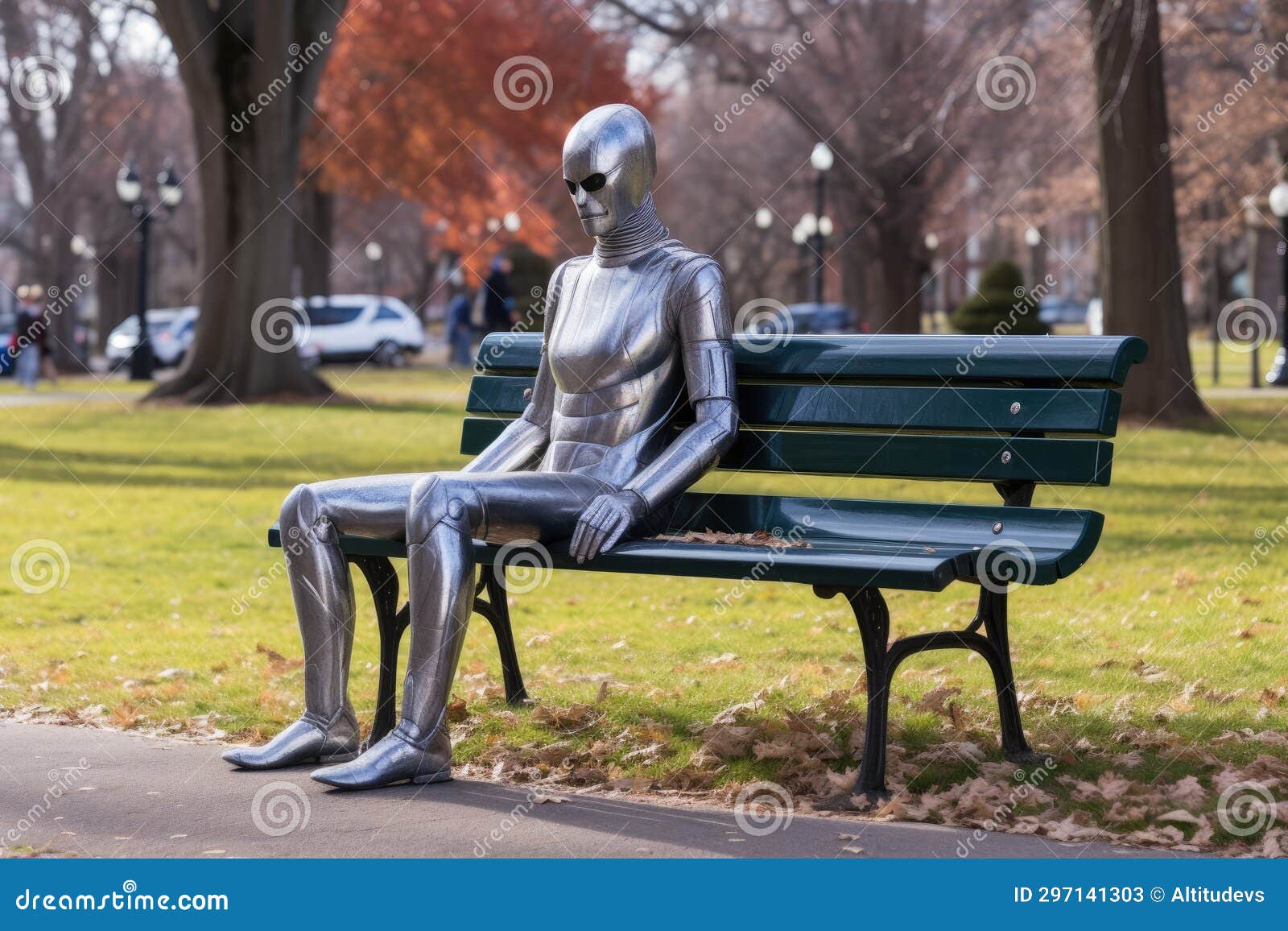 Metallic Android Standing Near a Park Bench Stock Image - Image of ...