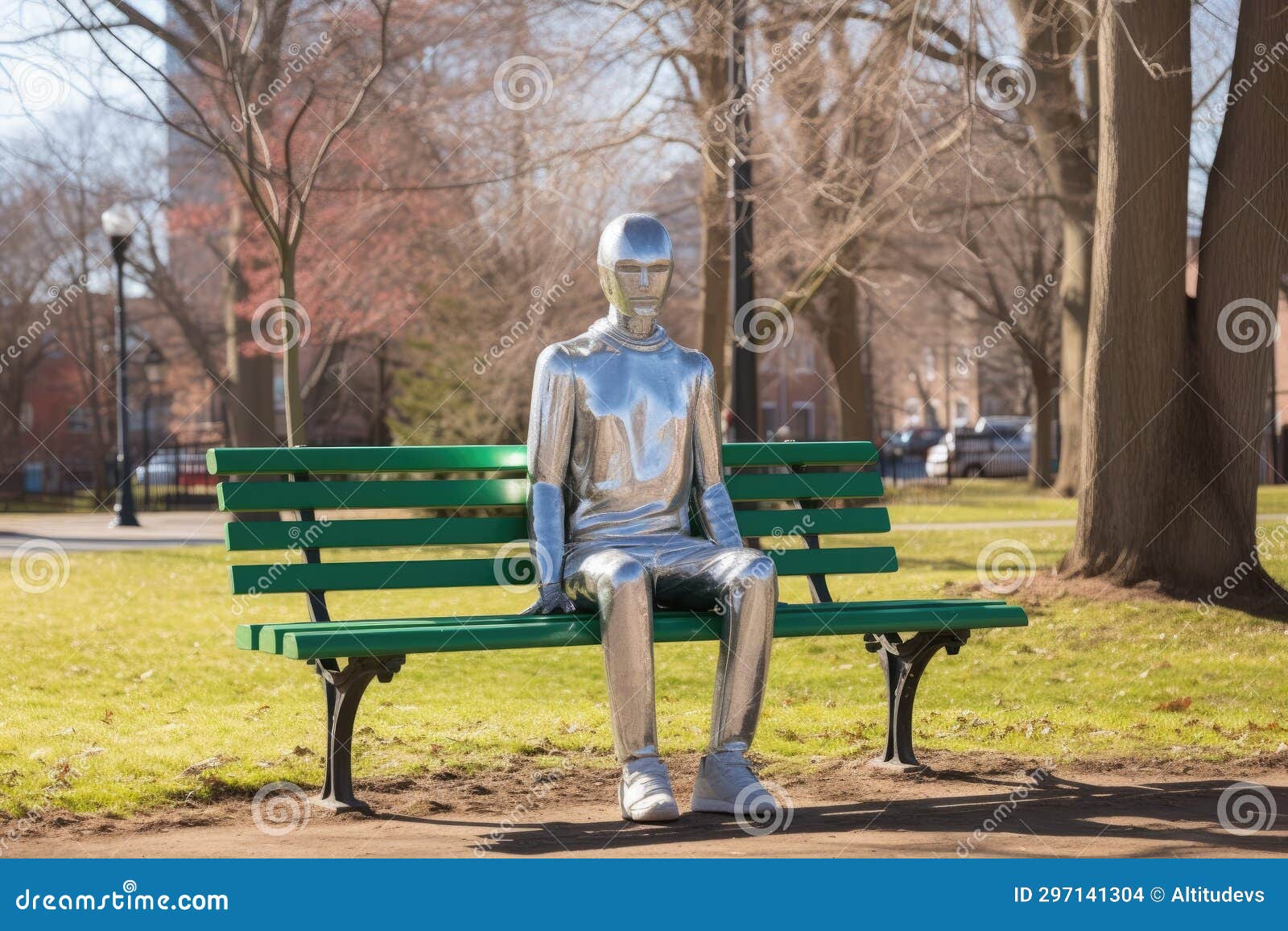 Metallic Android Standing Near a Park Bench Stock Photo - Image of ...